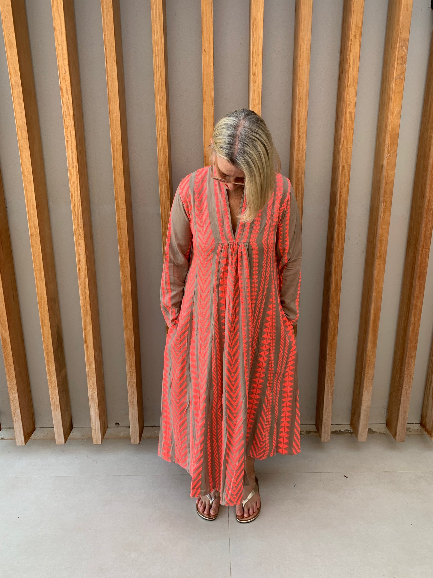 Khaki & orange geometric pattern dress – Just Linzi
