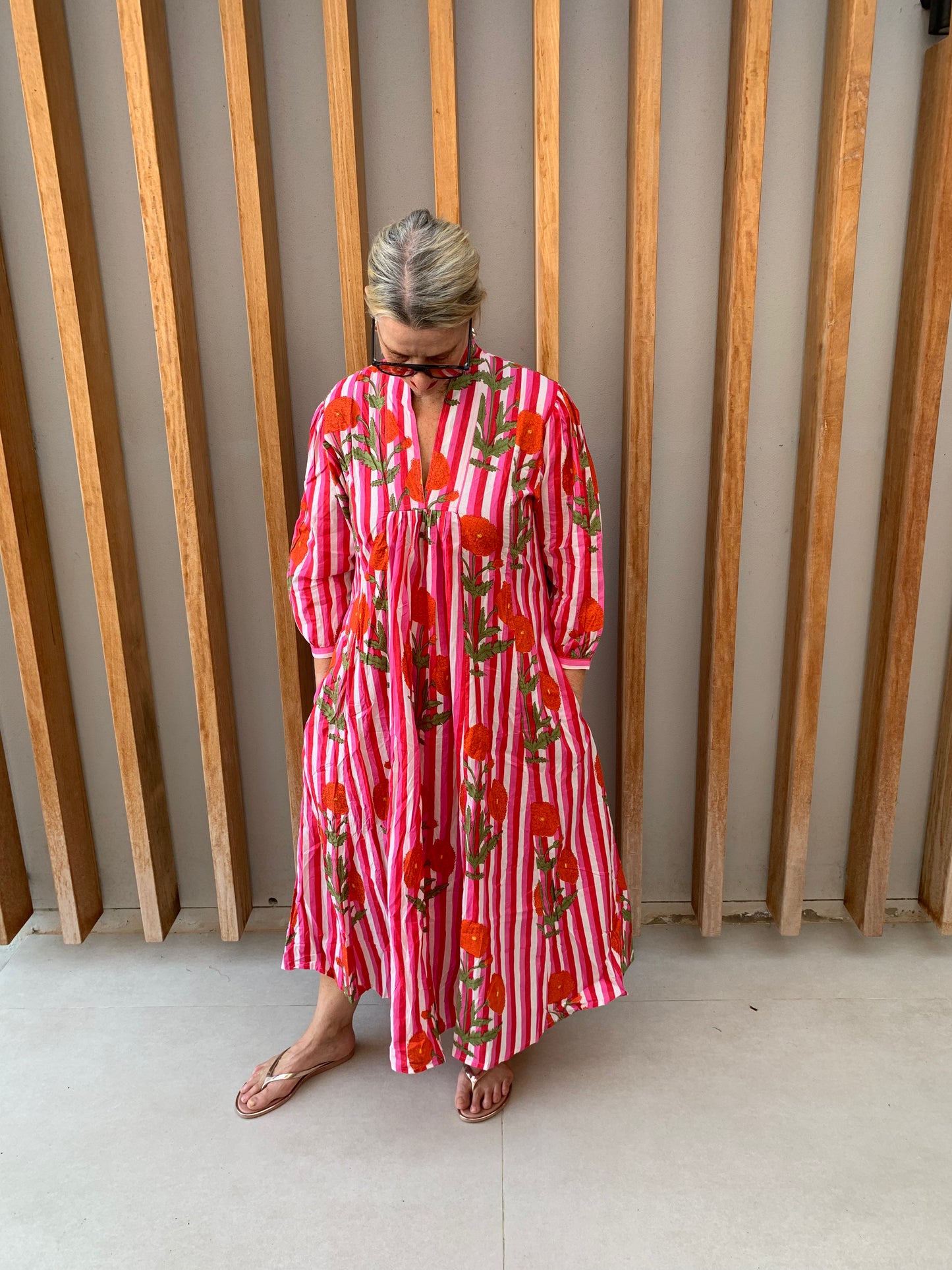 Red, white & pink striped dress with red poppy pattern – Just Linzi