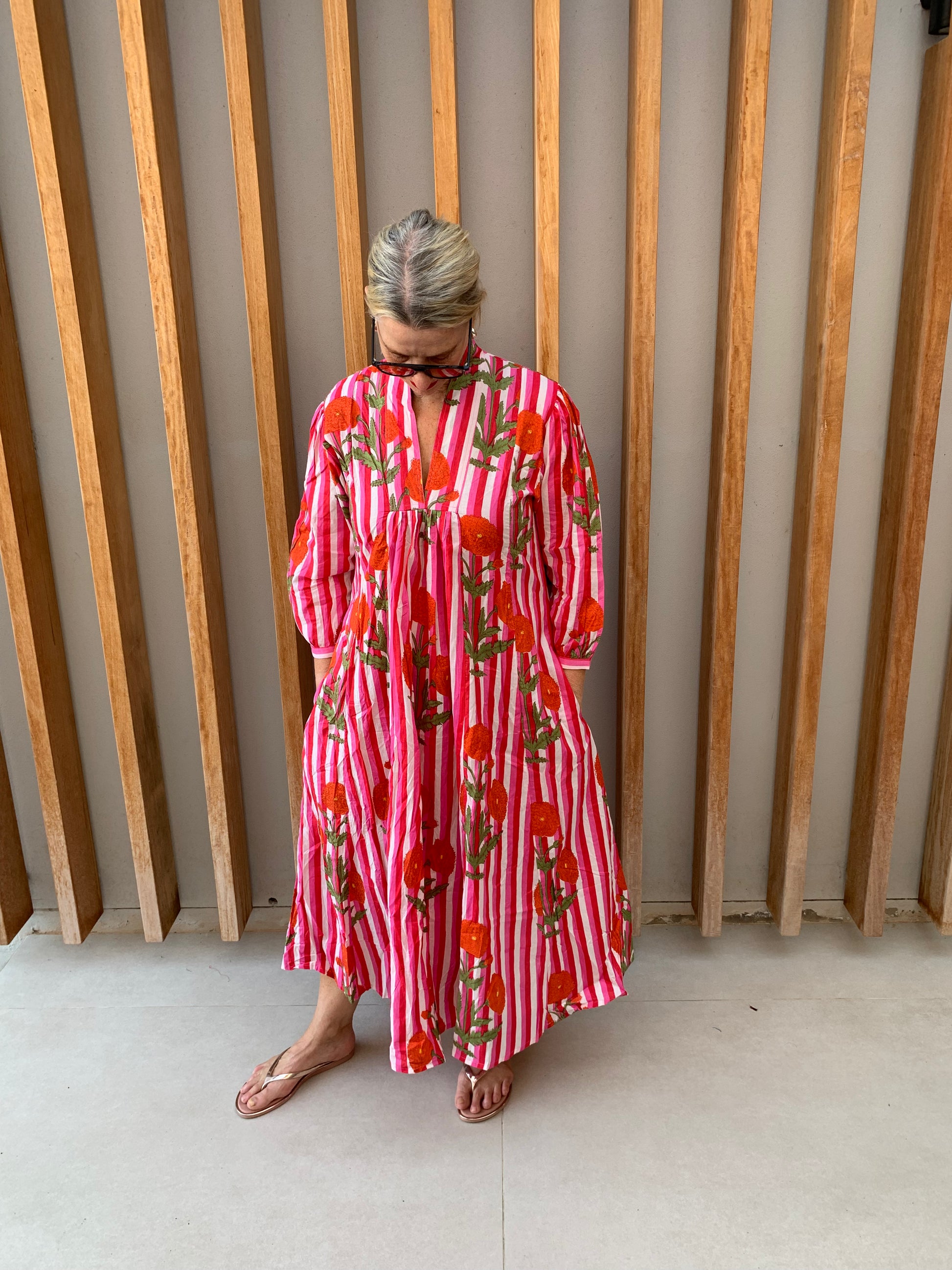 Red, white & pink striped dress with red poppy pattern – Just Linzi