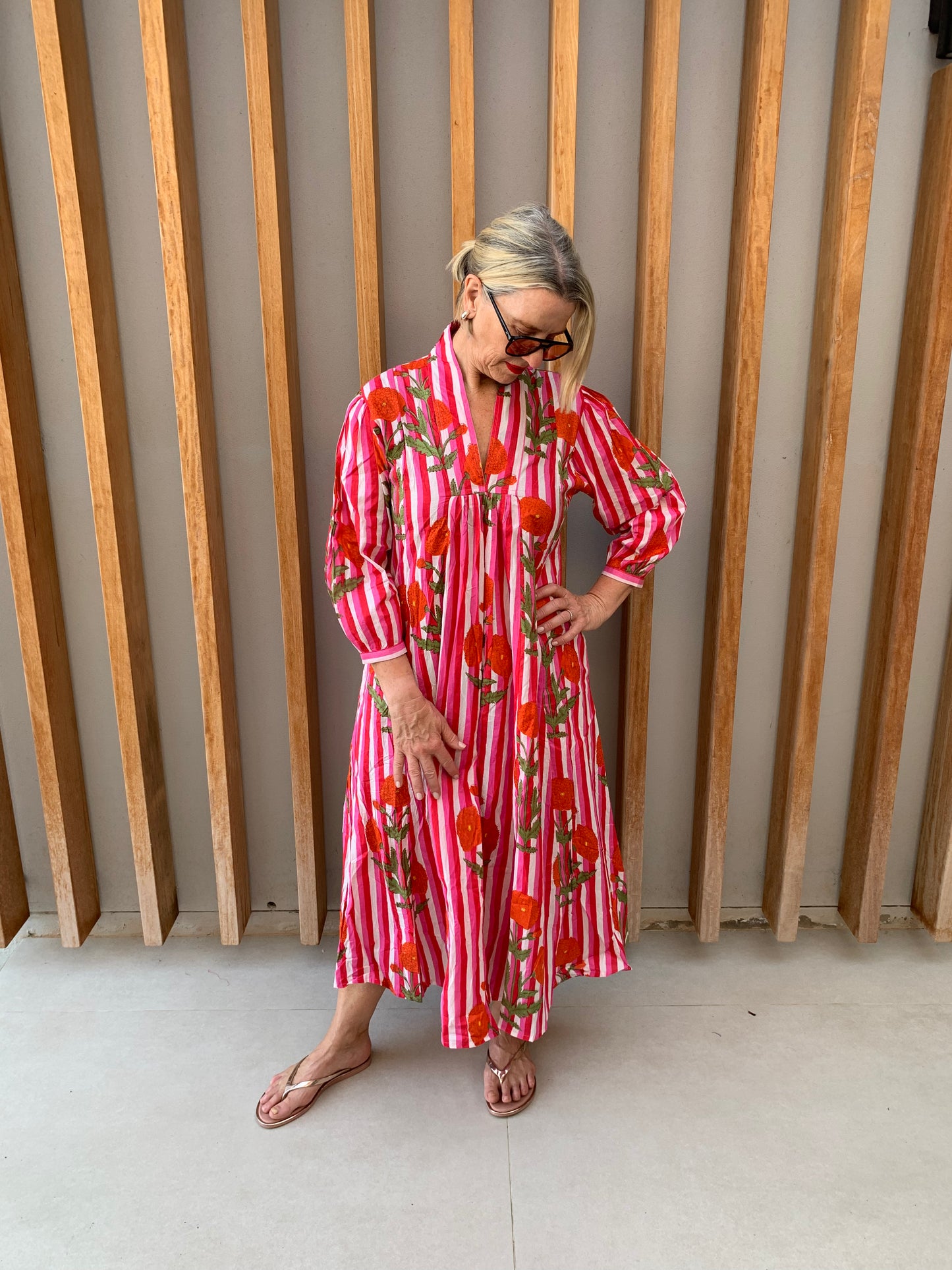 Red, white & pink striped dress with red poppy pattern – Just Linzi