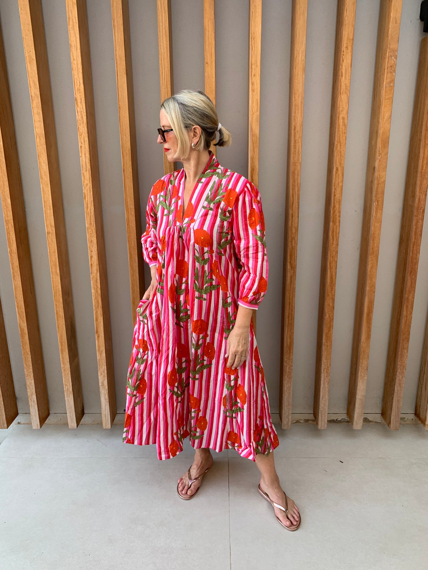 Red, white & pink striped dress with red poppy pattern – Just Linzi