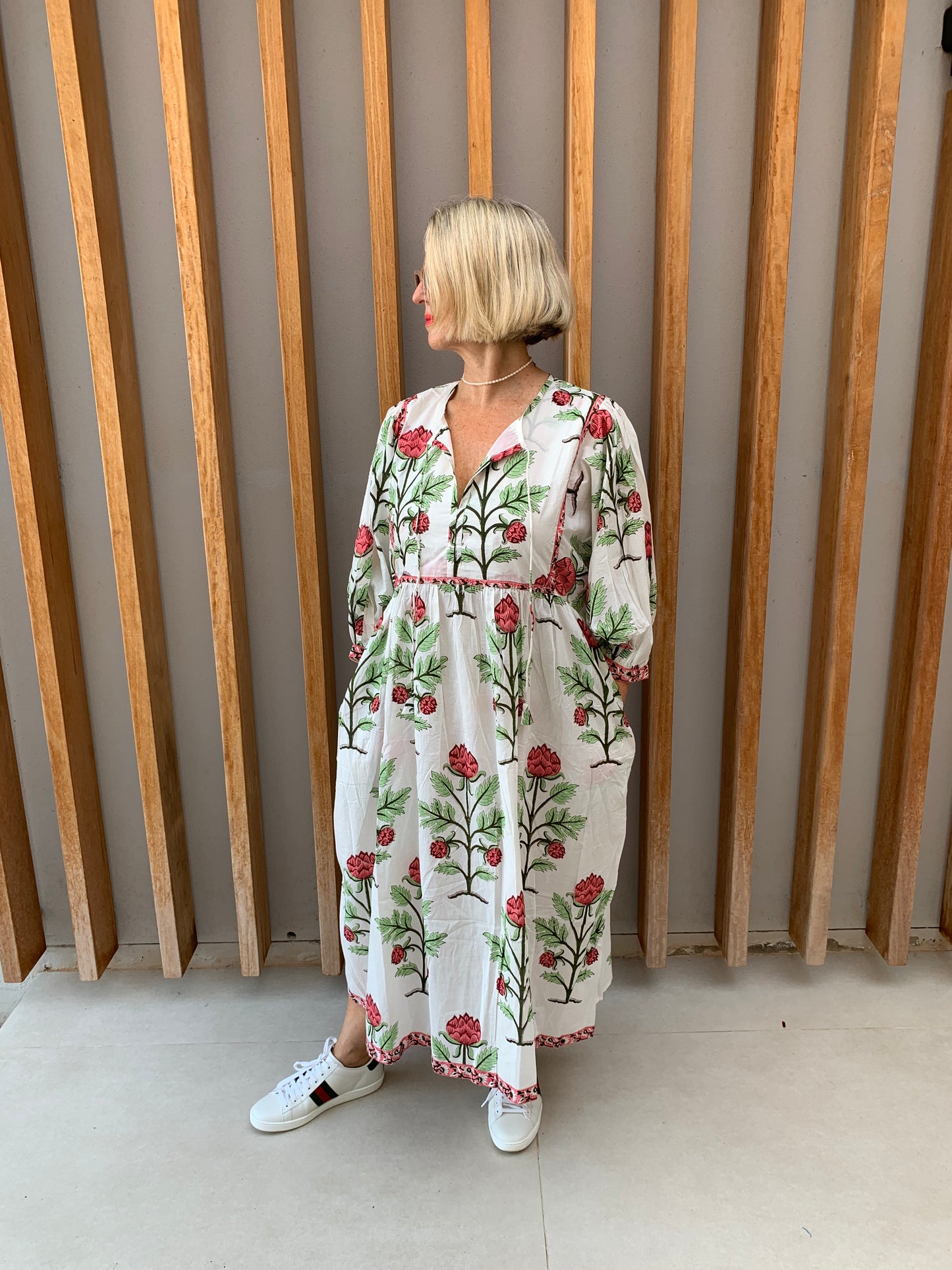 White dress with red & green poppy pattern – Just Linzi