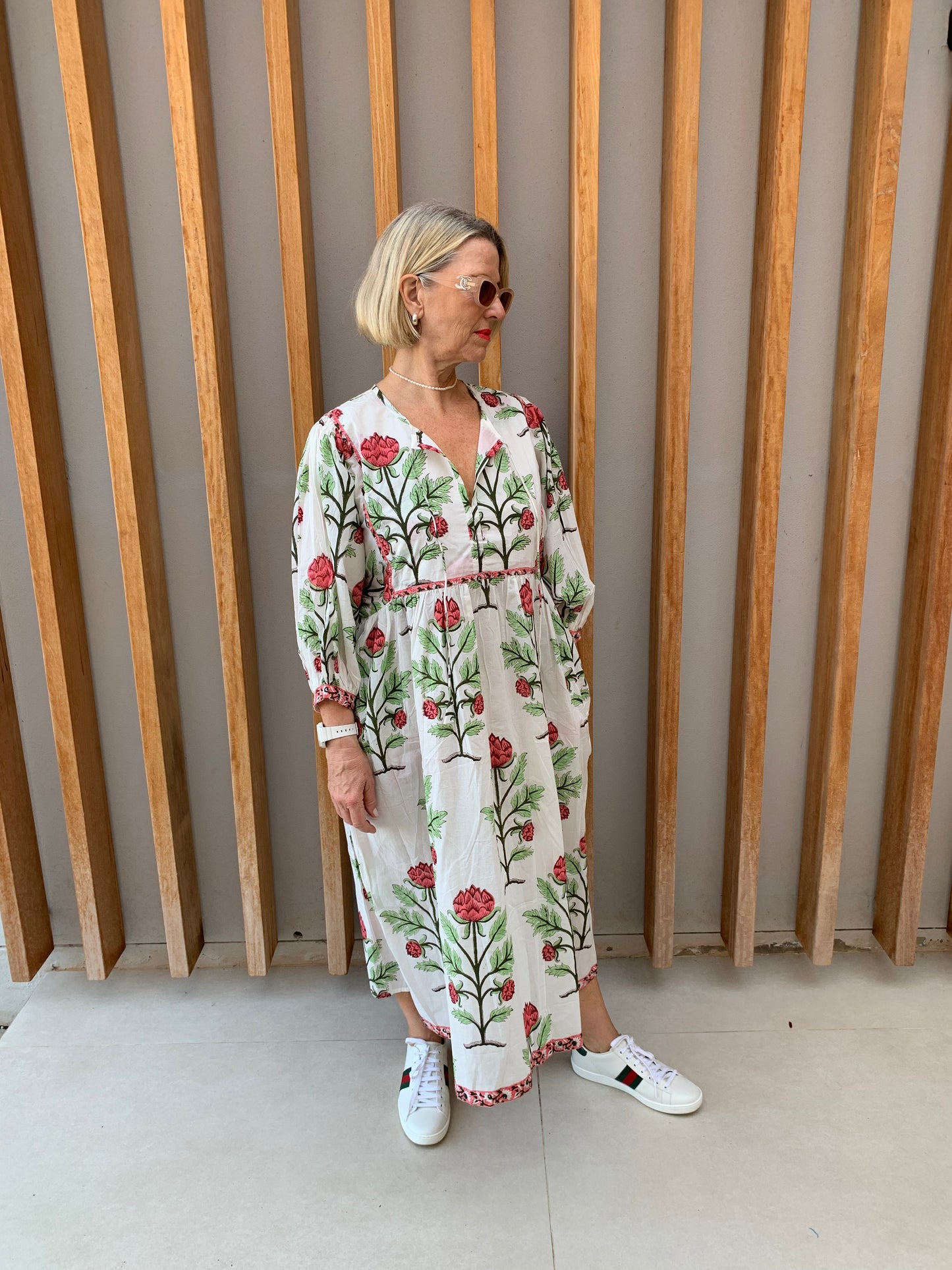 White dress with red & green poppy pattern – Just Linzi