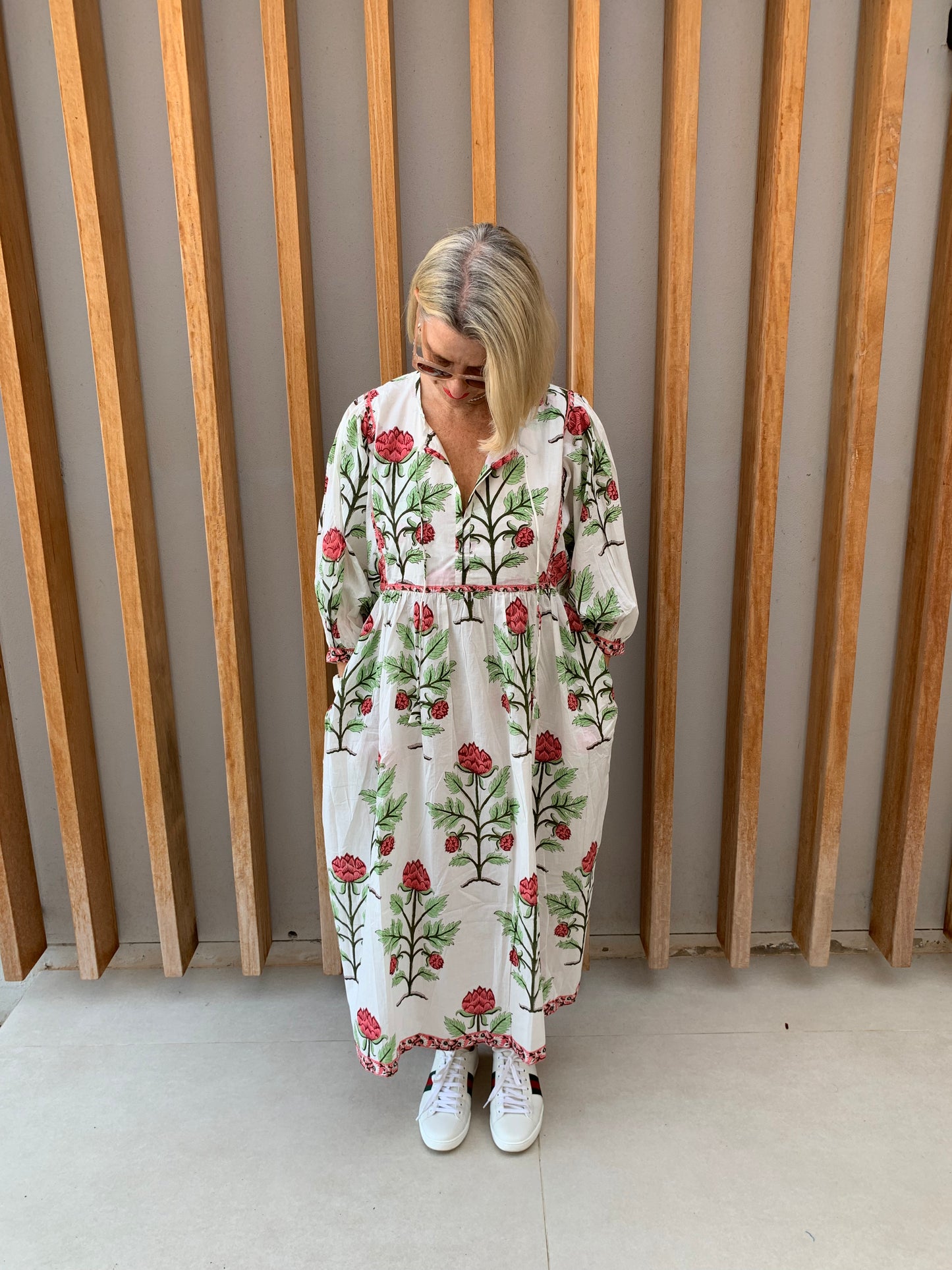 White dress with red & green poppy pattern – Just Linzi